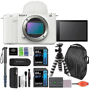 Sony ZV-E1 Mirrorless Camera (White) Bundle with Backpack, Monopod, Tripod, 2 x Lexar 64GB SD Card, & More