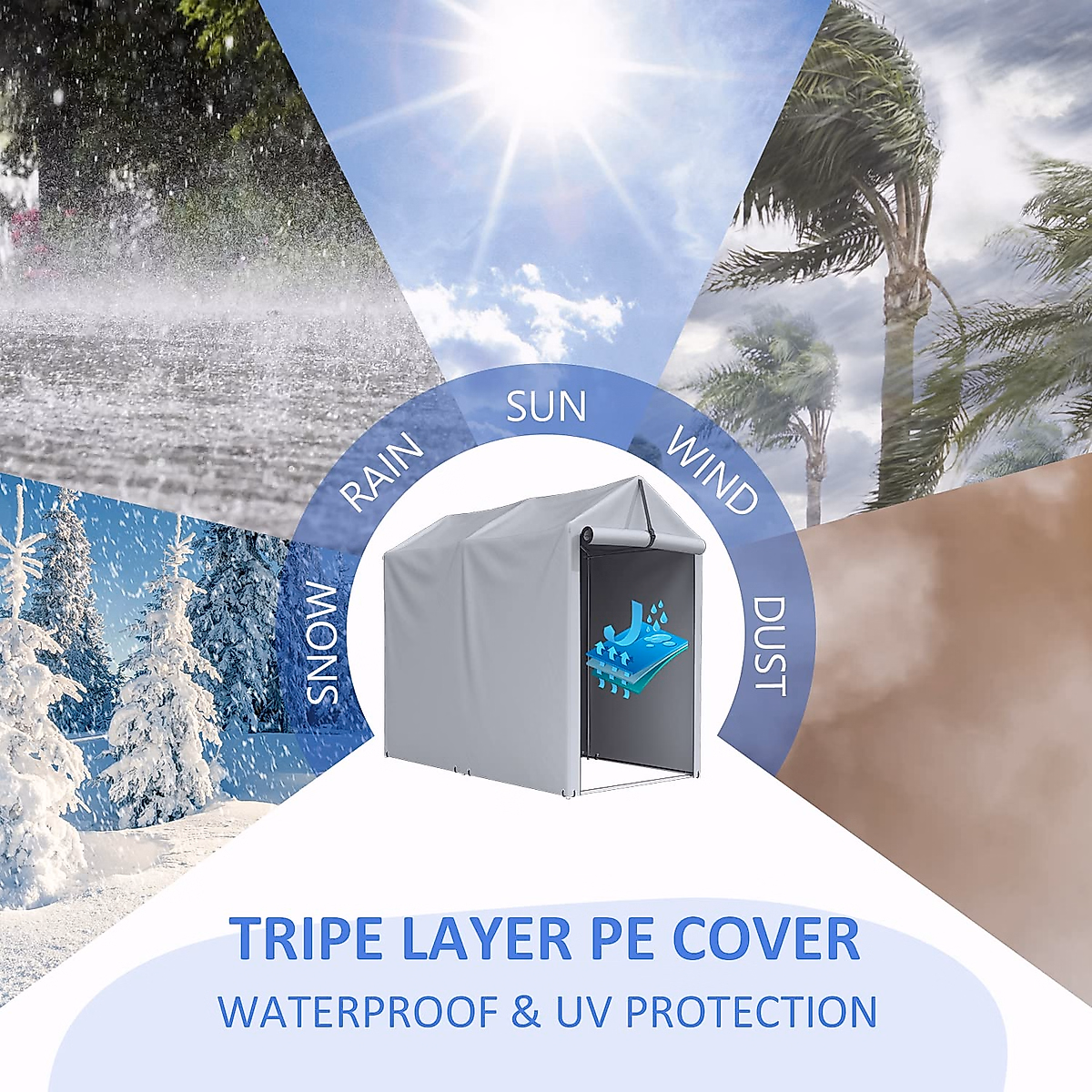 Greesum Outdoor Storage Shed 3 x 6 ft Canopy Portable Shelter Heavy Duty Carport with Roll-up Zipper Door for Bike, Motorcycle, Garden Storage, Waterproof and UV Resistant, Silver