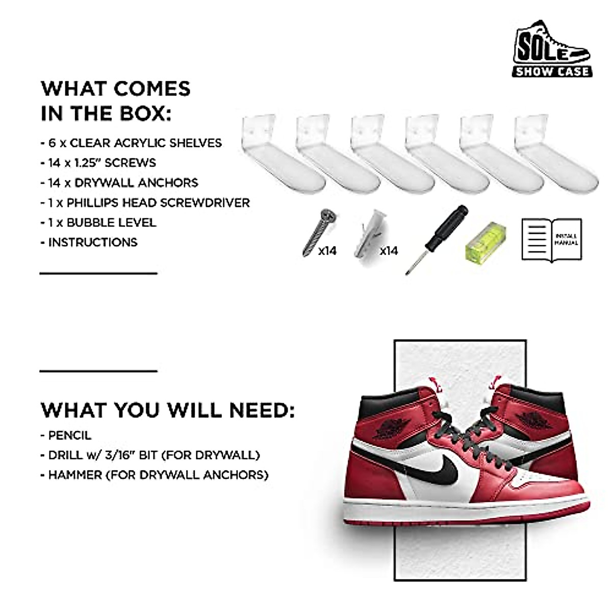 Engineered Edge Sole Showcase - 6 Clear Floating Shoe Shelves to Display and Showcase Your Sneaker Collection - Hardware Included | Shoe Display Shelf, Wall Shelf