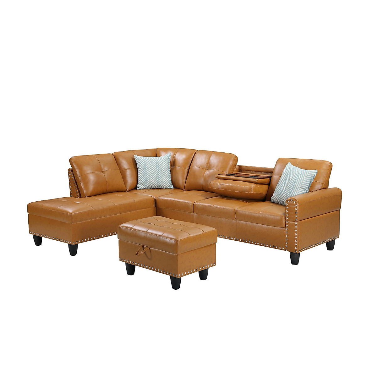 MMTGO L-Shape Faux Leather Modular Sectional Sofa with Storage Ottoman and Cup Holders, 4-Seater Tufting Upholstered Corner Couch for Living Room, Home Furniture, Apartment, Ginger