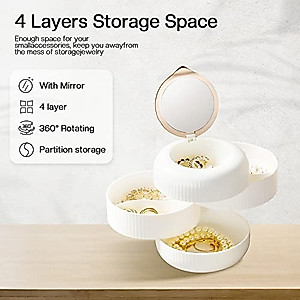 OHFOUL Jewelry Holder Organizer,Jewelry Box,Jewelry Tray,Jewelry Boxes for Men Women,4 Layer Rotating Storage Case with Lid for Rings,Accessory Bracelets Holder Gifts for Girls Womens - white