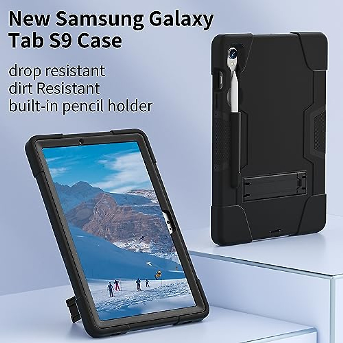 Kezigud Shockproof Kickstand Case for Galaxy Tab S9 11''/S9 FE 10.9'', Heavy Duty Hybrid Rugged Three Layer Soft Silicone+Hard PC with S-Pen Holder Cover for Samsung Tab S9/S9 FE 2023(Black)