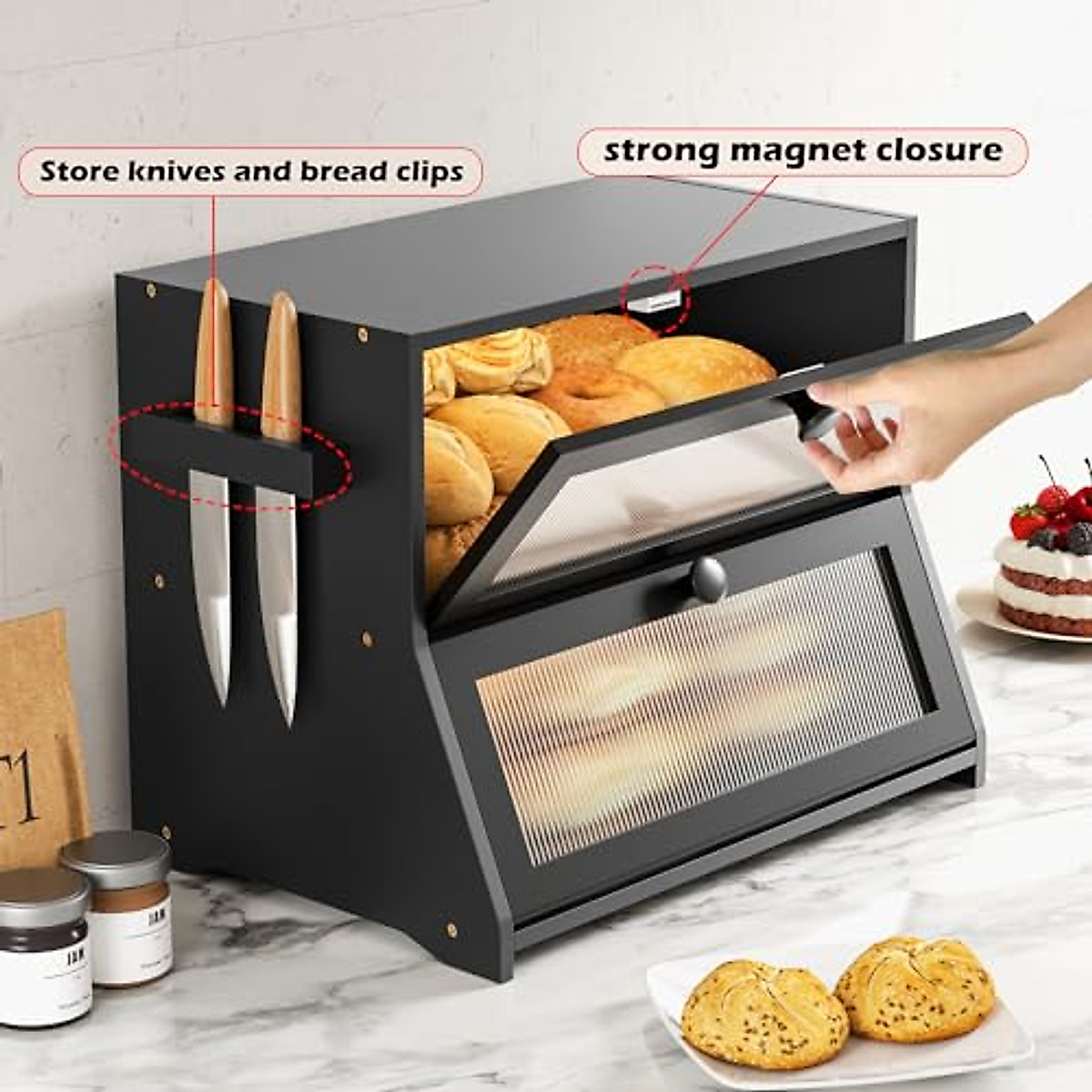 RYLTKISS Bread Box, Large Bread Box with Knife Holder, Large Bread Storage Container for Homemade Bread, Wood Breadbox Organizer for Kitchen Counter Corner, Cabinet, Pantry, Cupboard (Black)