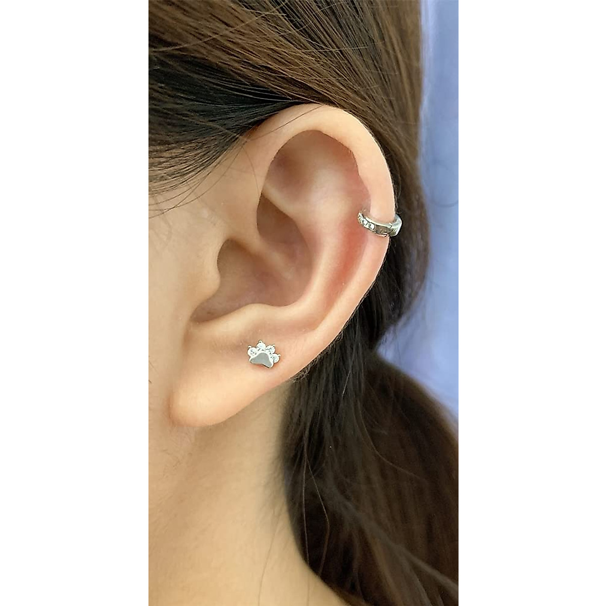 18g Mini Paw Print CZ Stud Earrings Sterling Silver Cartilage Tiny Ball Screw Back Small Studs Hypoallergenic Tragus Helix Cute Animals Dainty Sleeper Stud Earrings for Women Daughter Pet Lovers (silver)