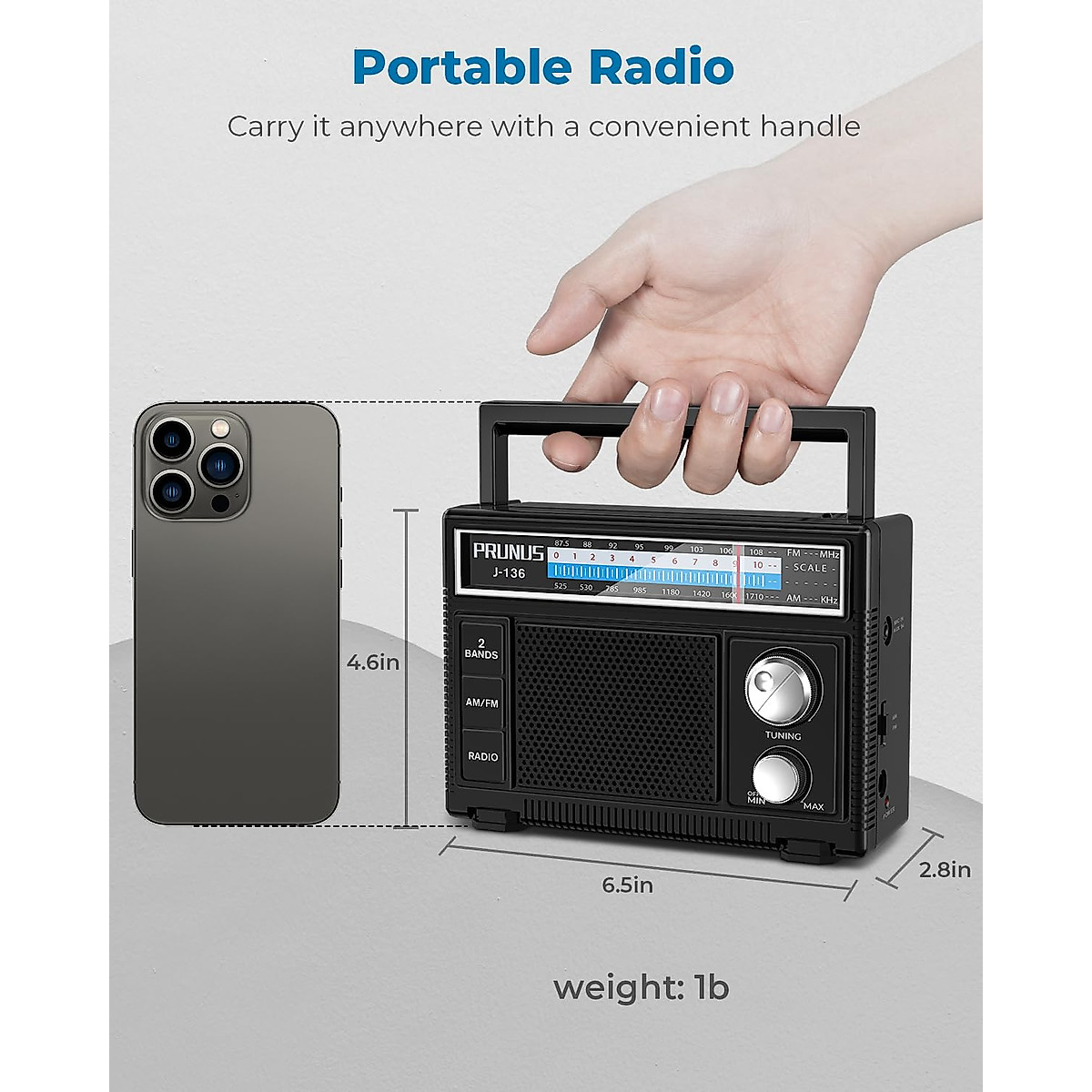PRUNUS Portable Radio AM FM, Transistor Radio Battery Operated and Plug in Wall,Loud Speaker Support AUX in and Micphone in, Small Radios Portable AM FM J-136