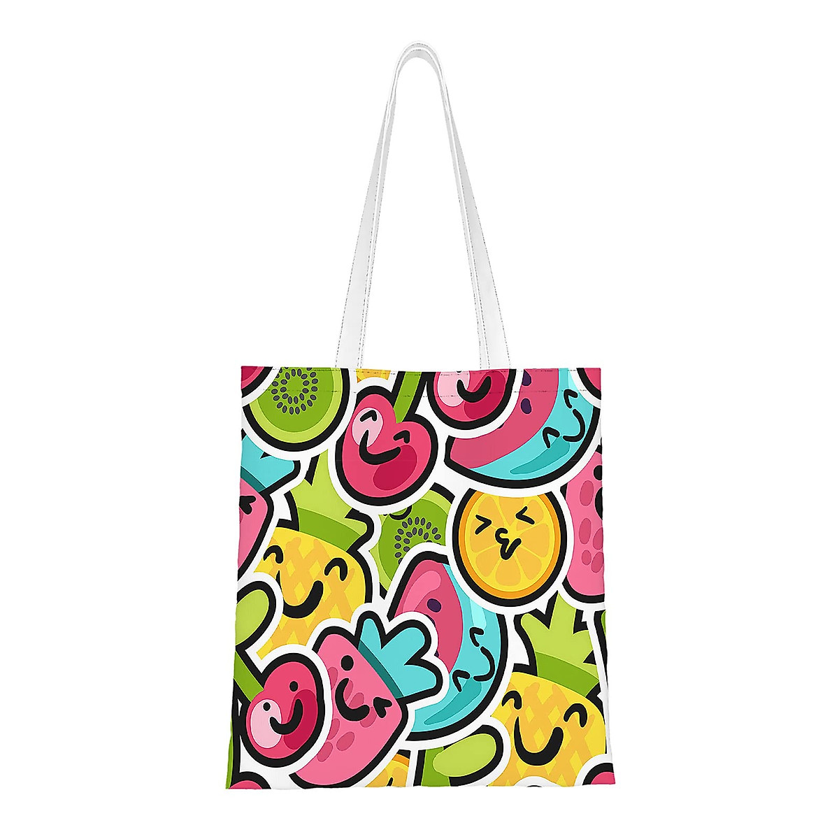 TifyDon Canvas Tote Bag，Berries Fruit Mix Pattern Reusable Large Shopping Shoulder Tote Bag For Women，Lovely Funny Pineapple Orange Watermelon Cherries Kiwi Black Happy Beach Tote Bags Bulk