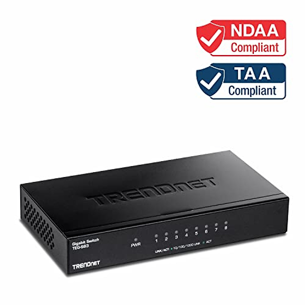 TRENDnet 8-Port Gigabit Desktop Switch, TEG-S83, 8 x Gigabit RJ-45 Ports, Ethernet Splitter, 16Gbps Switching Capacity, Fanless Design, Metal Enclosure, Lifetime Protection, Black