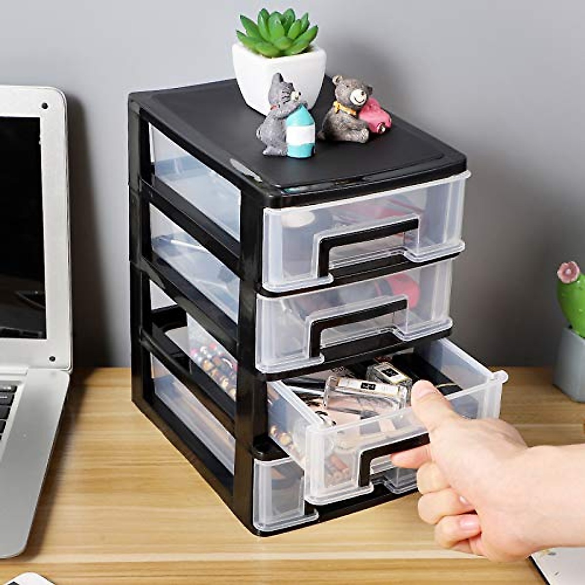 BESPORTBLE Drawer Storage Four Layer Plastic Drawer Organizer Shelf Storage Rack Storage Box for Office Bedroom Home (Black and Transparent)
