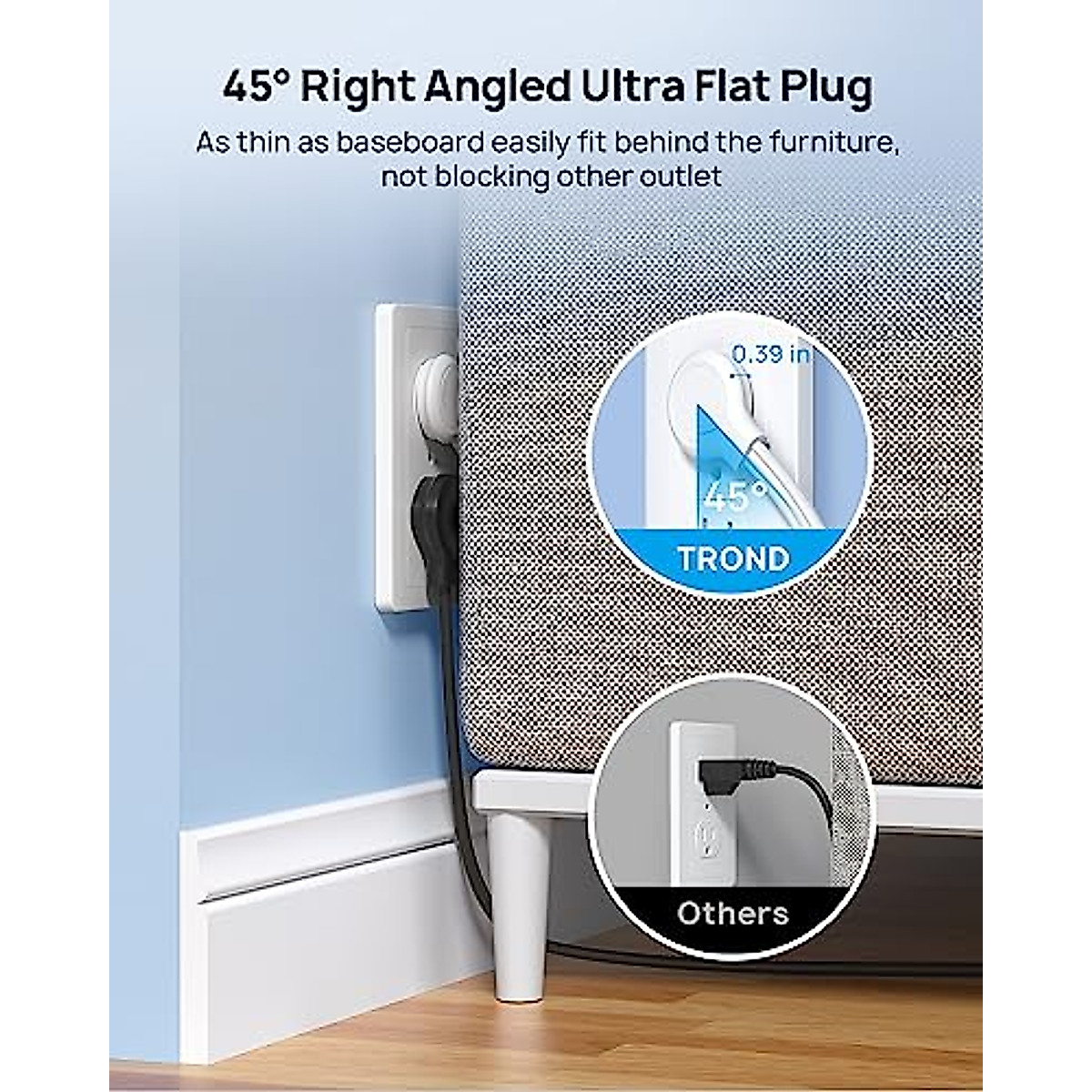 TROND Ultra Thin Flat Extension Cord 10 ft, Flat Plug Power Strip Surge Protector, 6 Wide Space Outlets 3 USB Ports(1 USB C), 3 Side Outlet Extender, Desk Charging Station Compact for Travel Home Dorm