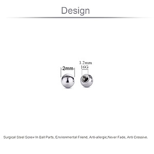 COTTVOTT Threaded 316L Steel Replacement Balls Piercing Parts for Body Jewelry Labret Belly Rings Tongue Barbell 16G Pack of 10 (10pcs 16G 2mm)