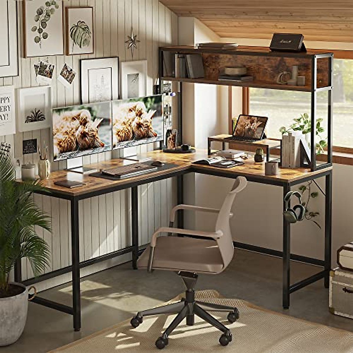 CubiCubi L-Shaped Desk with Hutch,59" Corner Computer Desk,Home Office Gaming Table Workstation with Storage Bookshelf