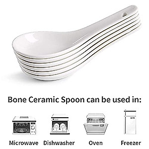 HAPPY KIT 5.3" Asian Soup Spoons Set of 6-White Ceramic Dessert Spoons Ramen Spoons Proper for Corelle Pho Miso Wonton Ramen Dumpling Macaron Dishwasher & Oven Safe