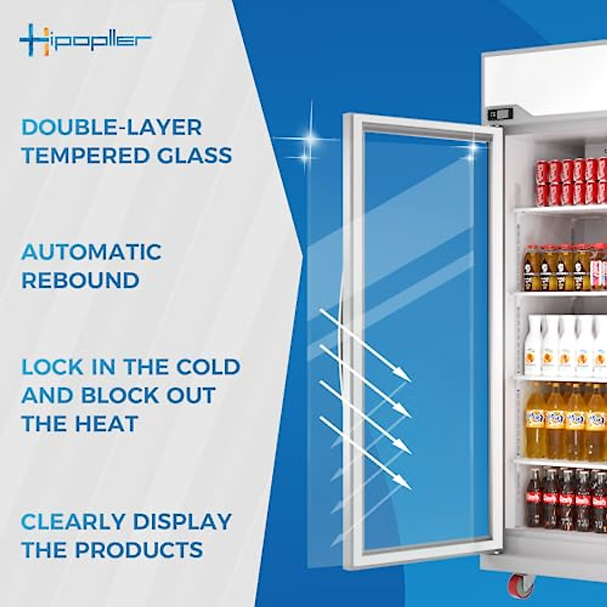 HIPOPLLER Commercial Glass 2 Door Display Refrigerator Merchandiser - Upright Beverage Cooler with LED Lighting - 38.5 Cu. Ft., Silver