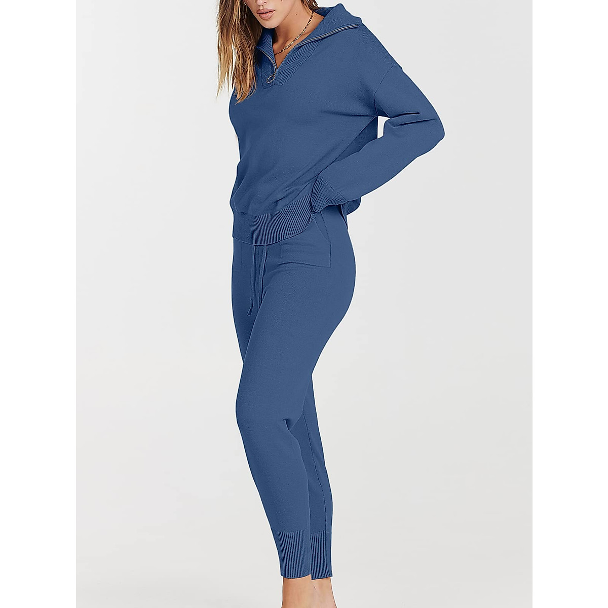 ANRABESS Women's Two Piece Outfits Sweater Sets Long Sleeve Zip Up Knit Pullover Jogger Pants Tracksuit 2024 Fall Lounge Sets Small