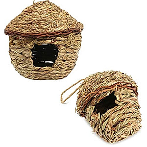 POPETPOP Hanging Bird House Handwoven Grass Bird Hut - Bird Nest for Parakeets Parrots Canary and Other Small Pets - Bird Cage Accessories - Size M