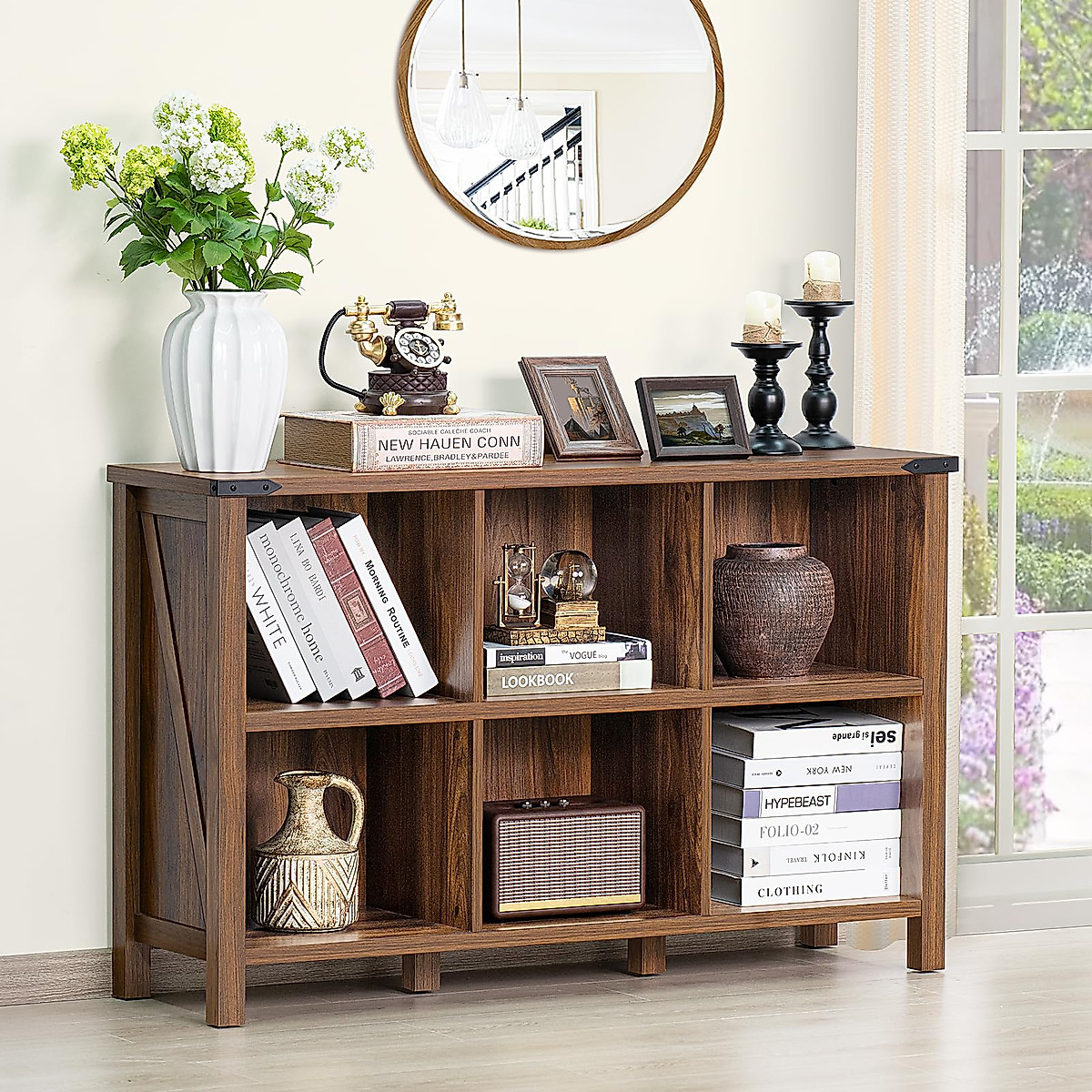 Joaxswe Farmhouse 6 Cube Book Shelf, Wood 3 Tier Storage Organizer Bookshelf, Brown Walnut 47" Horizontal Cubby Bookcase with Legs, Rustic Entryway Book Case, Long Display Cabinet for Bedroom, Office