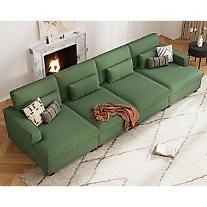 Brelice Oversized Modular Sectional Sofa, 142 inch Corduroy I Shaped Couch Sofa with Adjustable Seat Depth, 4 Seat Cloud Sofa Extra Large Deep Seat Couch for Living Room, Office or Apartment, Green