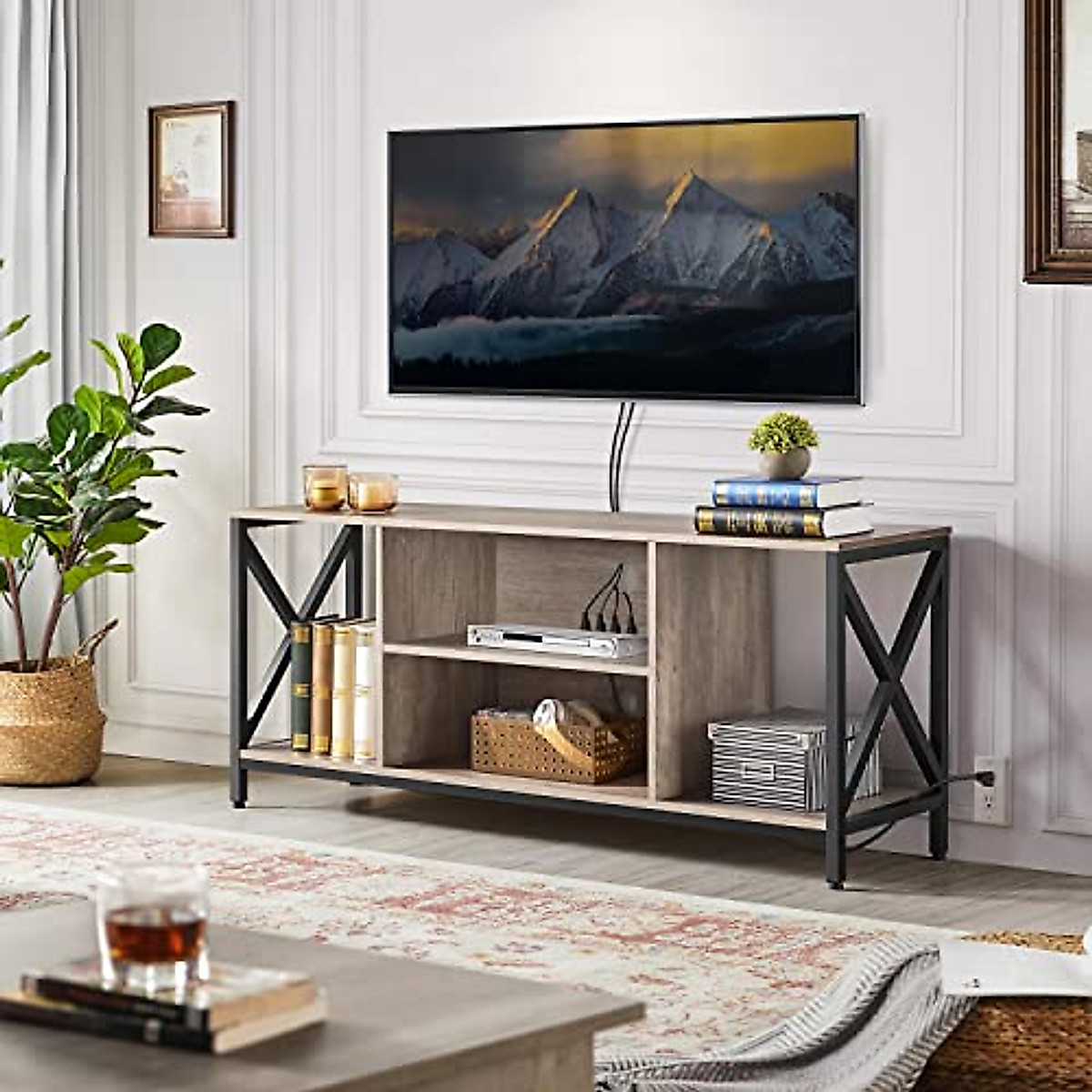 Yaheetech TV Stand for 65 Inch TV, Industrial Entertainment Center TV Console with Power Outlets, Modern TV Cabinet with Open Storage Shelves for Living Room, Gray