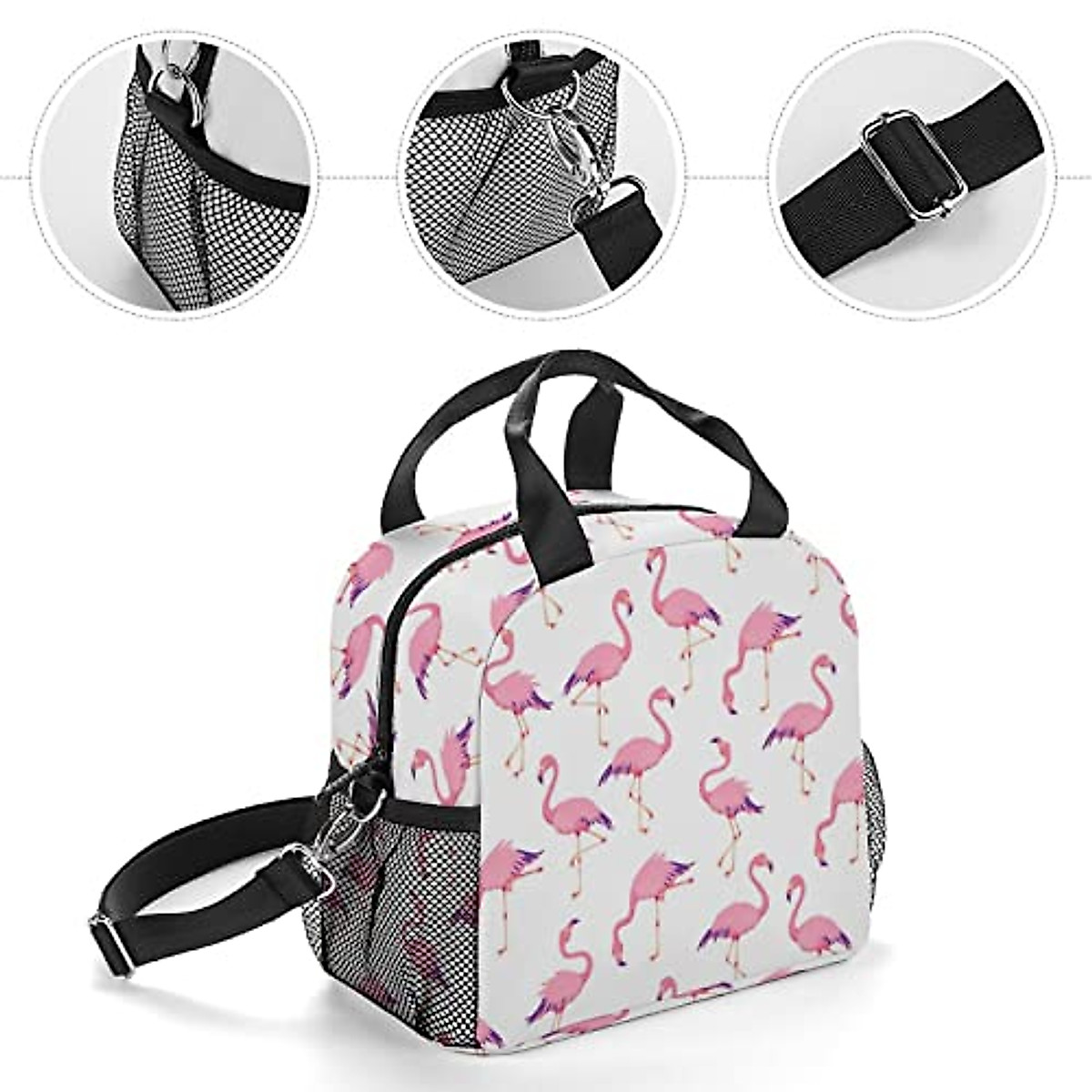 Funny Pink Flamingos Printed Lunch Box Tote Bag with Handles and Shoulder Strap for Men Women Work Picnic