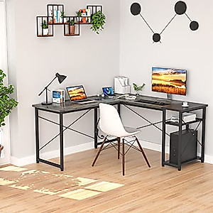 Ecoprsio L-Shaped Desk with Power Station and USB, Large L Shaped Gaming Desk with Storage Shelves Industrial Corner Desk Writing Study Table for Home Office Gaming Workstation, Oak and Black