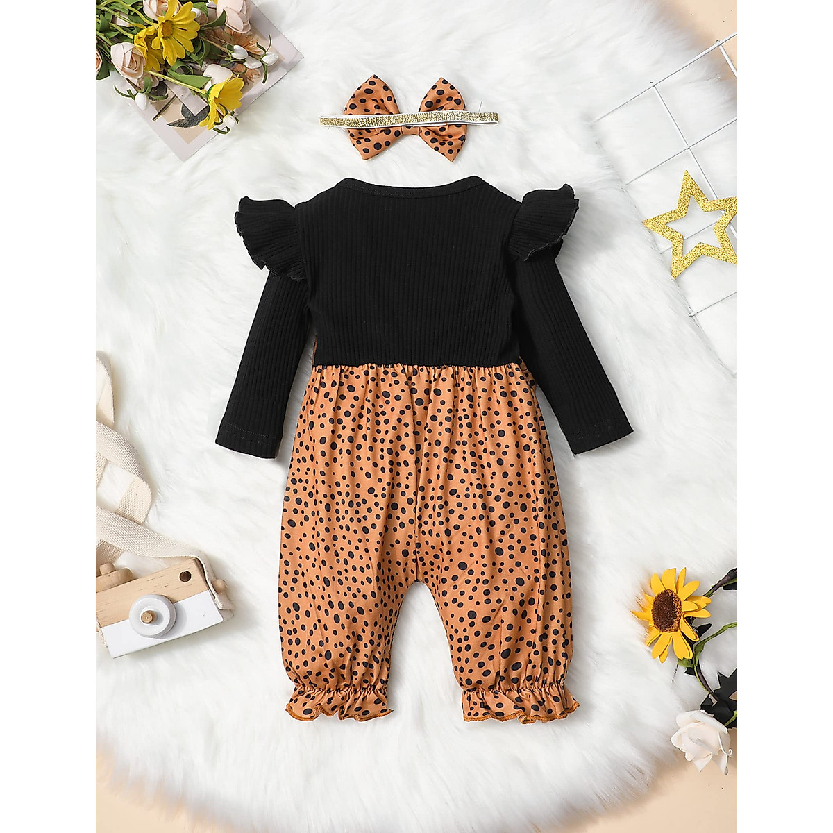 Queenstyle Baby Girl Clothes 3-6 Months Onesie Baby Girl Outfits Long Sleeve Ruffle Romper Cute Infant Girl Clothes Polka Dot Jumpsuit Fall Winter Baby Clothes for Girls