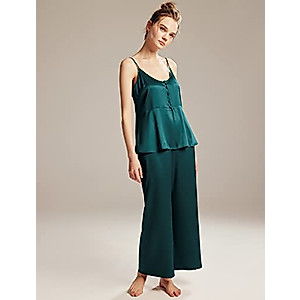 AW BRIDAL Pajama Sets for Women Satin Ruffle Camisole Top with Long Pants Silk Bride Pajamas for Wedding Engagement Party, Hunter Green M