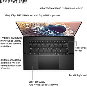 New Dell XPS 17 9700 Laptop, 17" FHD+ InfinityEdge Display, Intel i7-10750H, GeForce GTX 1650Ti, 32GB RAM, 512GB SSD, IR Camera, Backlit Keyboard, Fingerprint Reader, Wi-Fi 6, Thunderbolt, Win 10 Home
