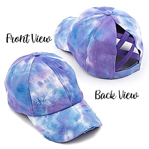 Funky Junque Criss Cross Hat Womens Baseball Cap Distressed Ponytail Messy Bun Trucker Ponycap (1 Tie Dye - Purple Mix)