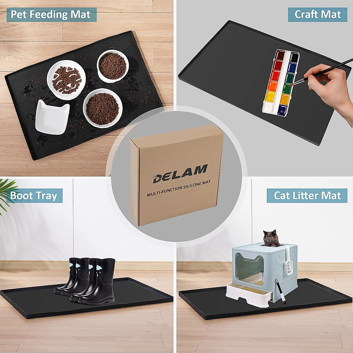 DELAM Under Sink Mat for 36" Cabinet, Hold Up to 3.3 Gallons, Silicone Waterproof Mat, Kitchen Cabinet liner, Under Sink Tray for Drips Leaks Spills, Flexible, No Slip, Easy to Clean, Black 34.25"x22"
