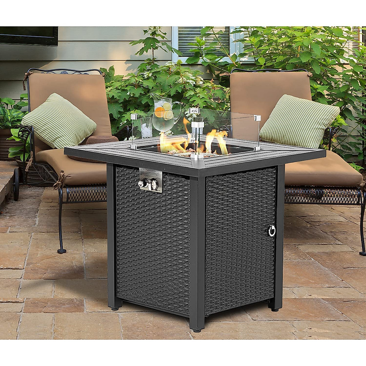 HOMPUS Outdoor Propane Fire Pit Table 28-inch 40,000 BTU Imitation Wicker Square Glass Top Fire Table w Wind Guard,Lava Rocks,Rain Cover Gas Smokeless Fire Pit for Outside Patio,Garden,Deck,Backyard