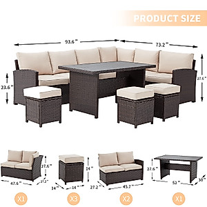 U-MAX 7 Pieces Patio Furniture Set Outdoor Sectional Sofa Conversation Set All Weather Wicker Rattan Couch Dining Table & Chair with Ottoman, Khaki Cushion