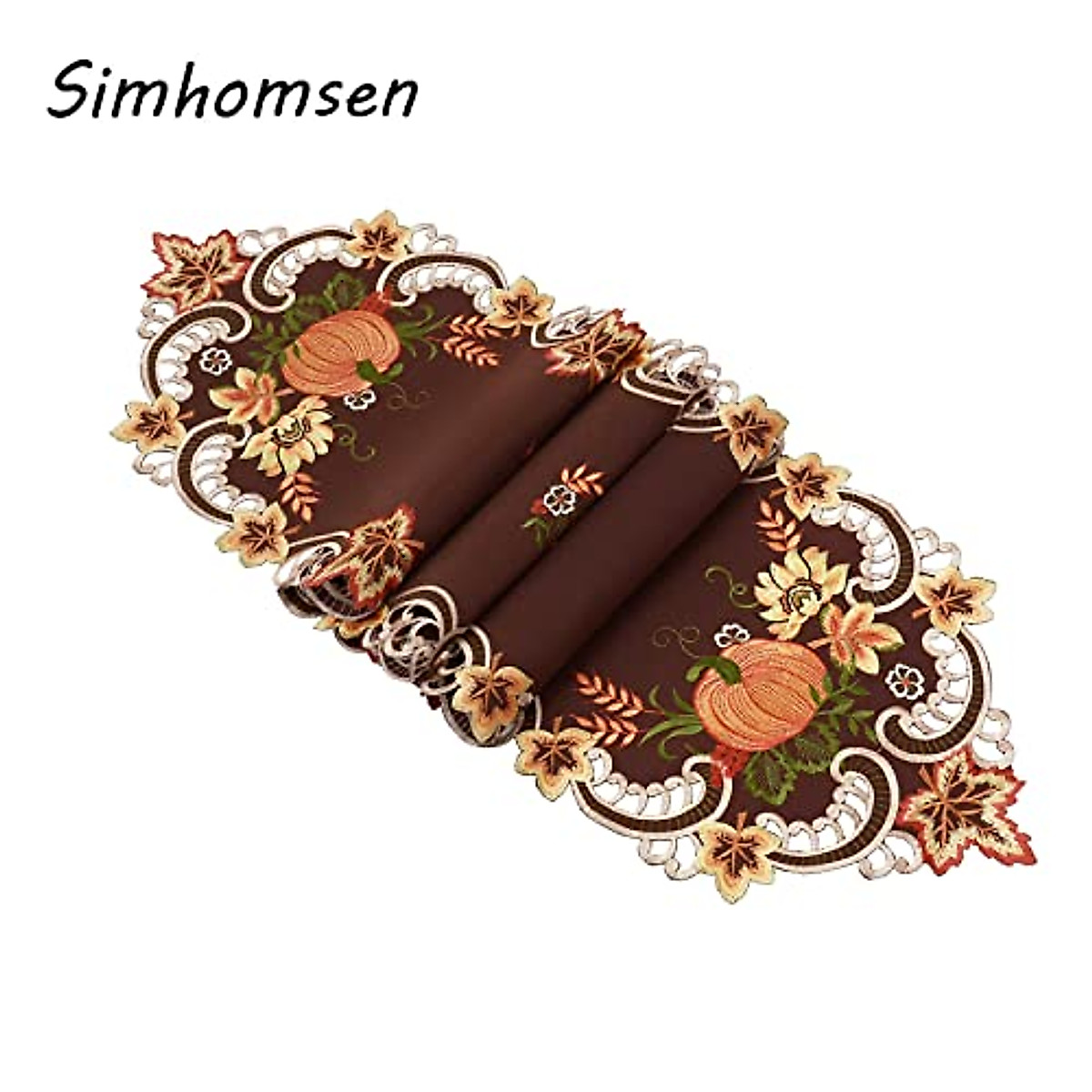 Simhomsen Brown Embroidered Thanksgiving Harvest Pumpkins Table Runners for Autumn Or Fall Decorations (14 × 69 Inches)