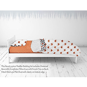 Bacati Playful Foxs 4 Piece Neutral Toddler Bedding Set, Orange/Grey 100 Percent Cotton Includes Reversible Comforter, Fitted Sheet, Top Sheet, and Pillow Case for Boys/Girls