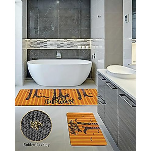 Halloween Bath Mat for Tub,Non Slip Bathroom Floor Runner Rug Quick Dry & Absorbent Diatomaceous Earth Shower Sink Kitchen Washable Doormat,Witches Boot Bats Orange Geometry Stripes 18x30+18x60