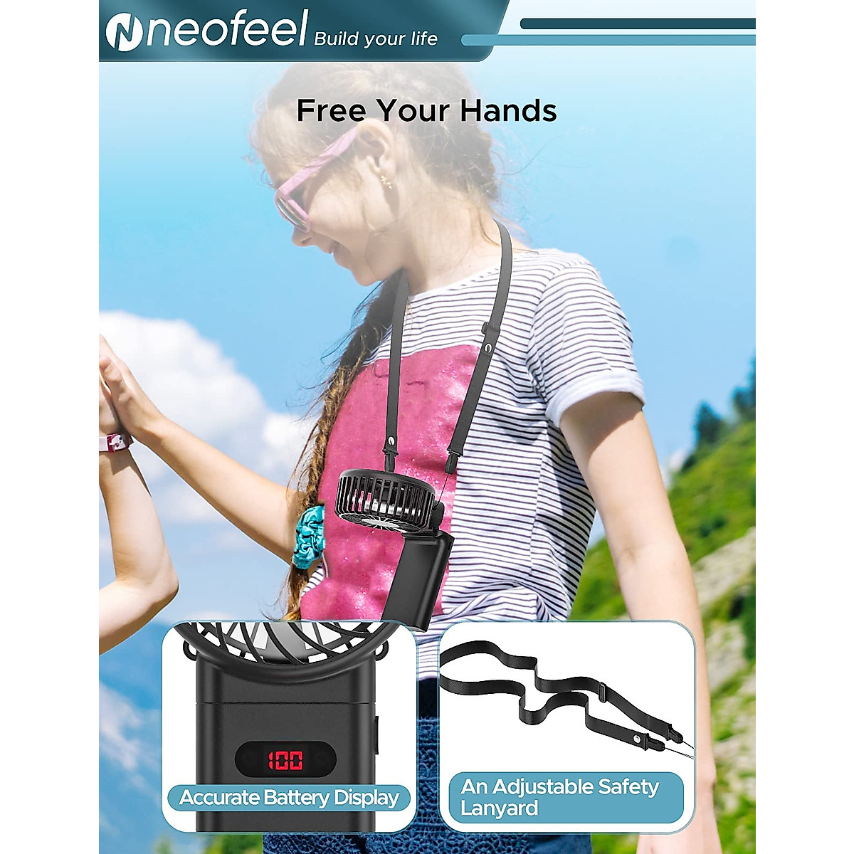 neofeel Portable Handheld Fan, 4000mAh 15hrs Personal Fan with Adjustable Lanyard, 4 Speeds Battery Operated Fan In Rechargeable for Hiking, Travel, Office, School, Camping