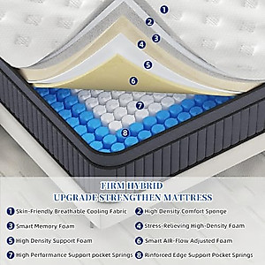EEN EEN SLEEP Queen Size Mattress, Upgrade Strengthen Gel Memory Foam 10 Inch Firm Hybrid Queen Bed Mattress in a Box for Pressure Relief & Back Pain, Independent Pocket Springs, Strong Edge Support