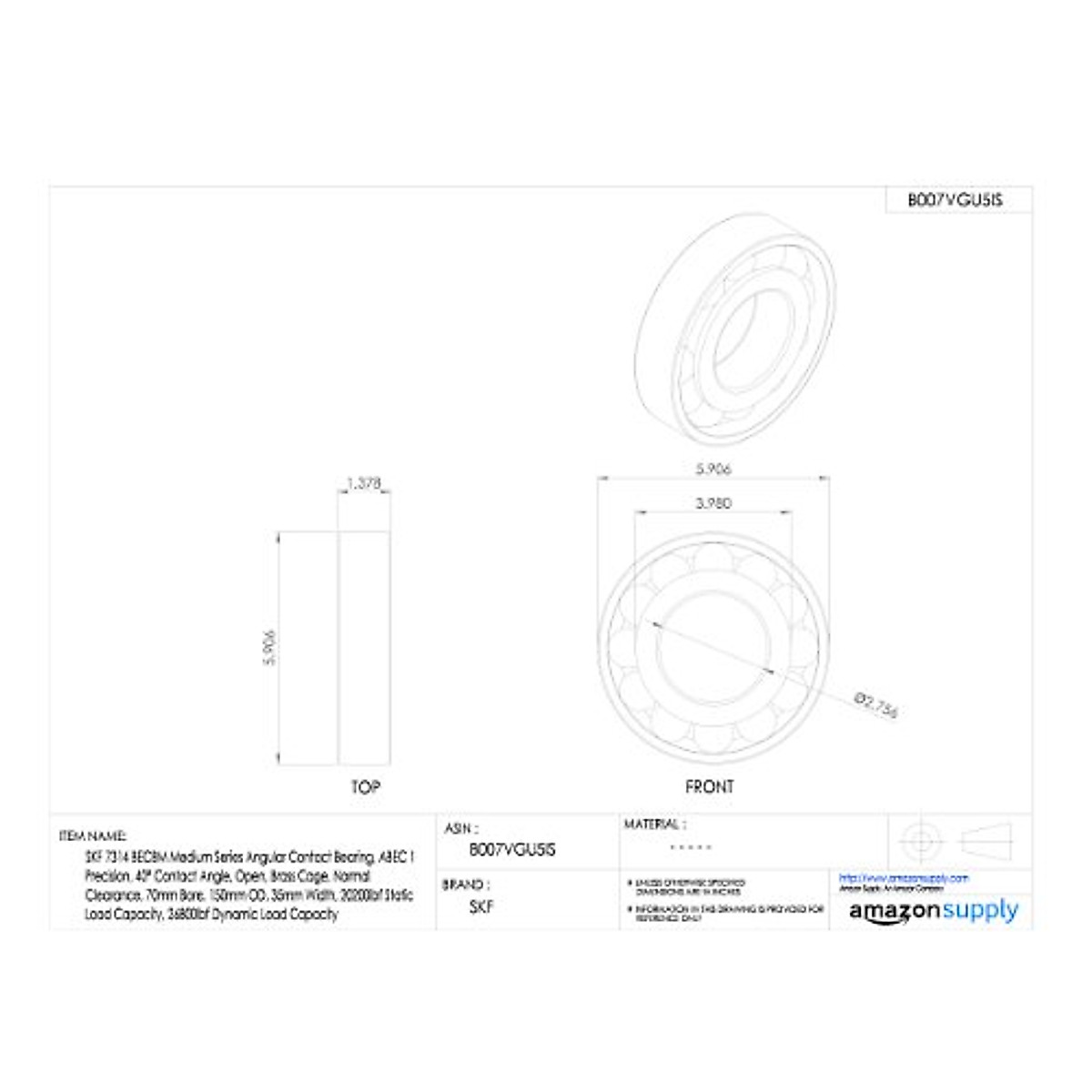 SKF 7304 BECBY Medium Series Angular Contact Bearing, ABEC 1 Precision, 40° Contact Angle, Open, Brass Cage, Normal Clearance, 20mm Bore, 52mm OD, 15mm Width, 9500lbf Static Load Capacity, 17400lbf Dynamic Load Capacity