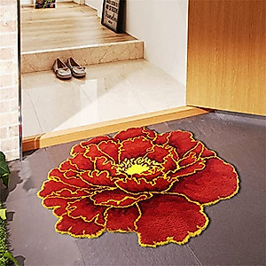 Red Flower Shaped Rug Creative Living Room Rug Bedroom Floor Mat Retro Chinese Style Peony Flower Rug for Bedside Blanket Bathroom Rug Garden Kitchen Running Mat Soft Non-Slip Home Decor 2.6ft(80cm)