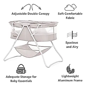 Dream On Me Karley Bassinet in Cool Grey, Lightweight Portable Baby Bassinet, Quick Fold and Easy to Carry , Adjustable Double Canopy, Indoor and Outdoor Bassinet with Large Storage Basket.