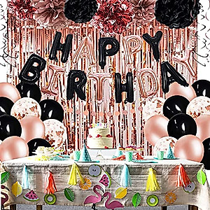 Black Rose Gold Birthday Party Decorations for Women Girls, 78 Pack Black Rose Gold Confetti Balloons, Curtains, Paper Flowers, Hanging Swirl and Circle Dot Garland for Girl Women