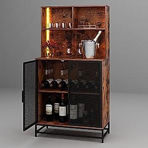 Auromie Wine Bar Cabinet with LED Lights, 4-Tier Coffee Bar Cabinets with Storage Shelves, Industrial Kitchen Storage Cabinet with Wine Rack, Freestanding Liquor Cabinet with Glass Holder, Rustic