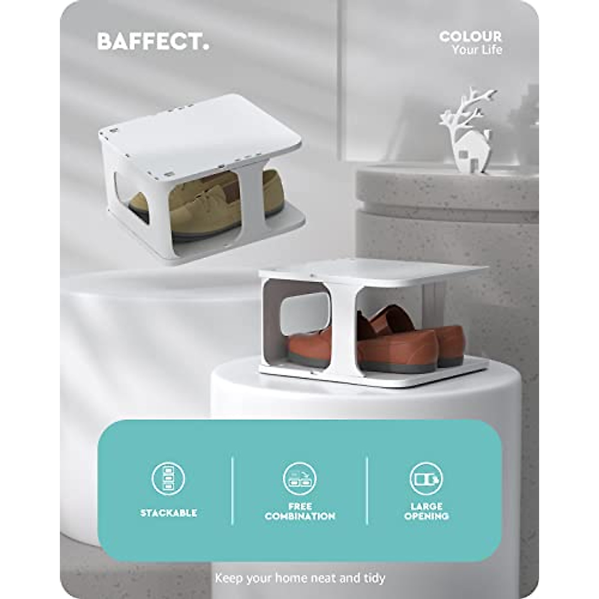 Baffect Shoe Rack Organizer, DIY Free Combination Plastic Shoe Storage, Stackable 8 Pair Shoe Shelf for Closet, Entryway and Hallway (4 Tiers)