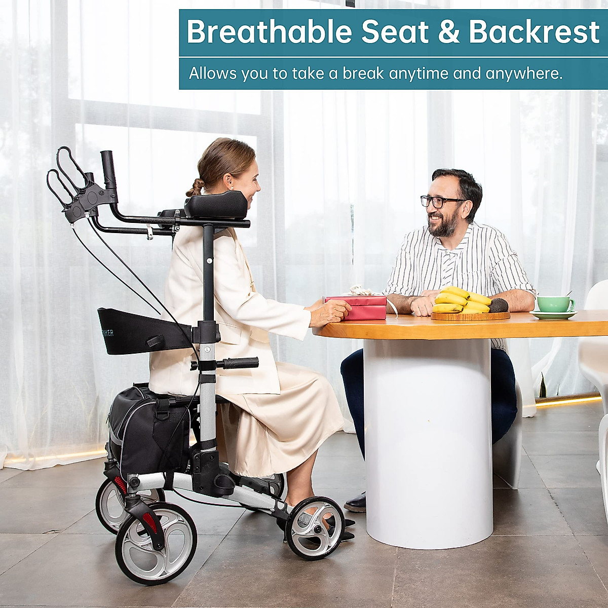 ELENKER Upright Walker, Stand Up Folding Rollator Walker with 10” Front Wheels Backrest Seat and Padded Armrests for Seniors and Adults, Silver