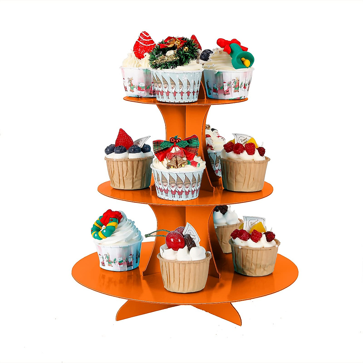 YLDW 3-Tier Cupcake Stand, Cake Stand Holder, Tiered DIY Cupcake Stand Tower for Dessert Table Displays, Birthday Theme Party Favors Decoration, Floral Tea Party, 12" W x 12.8" H, Orange