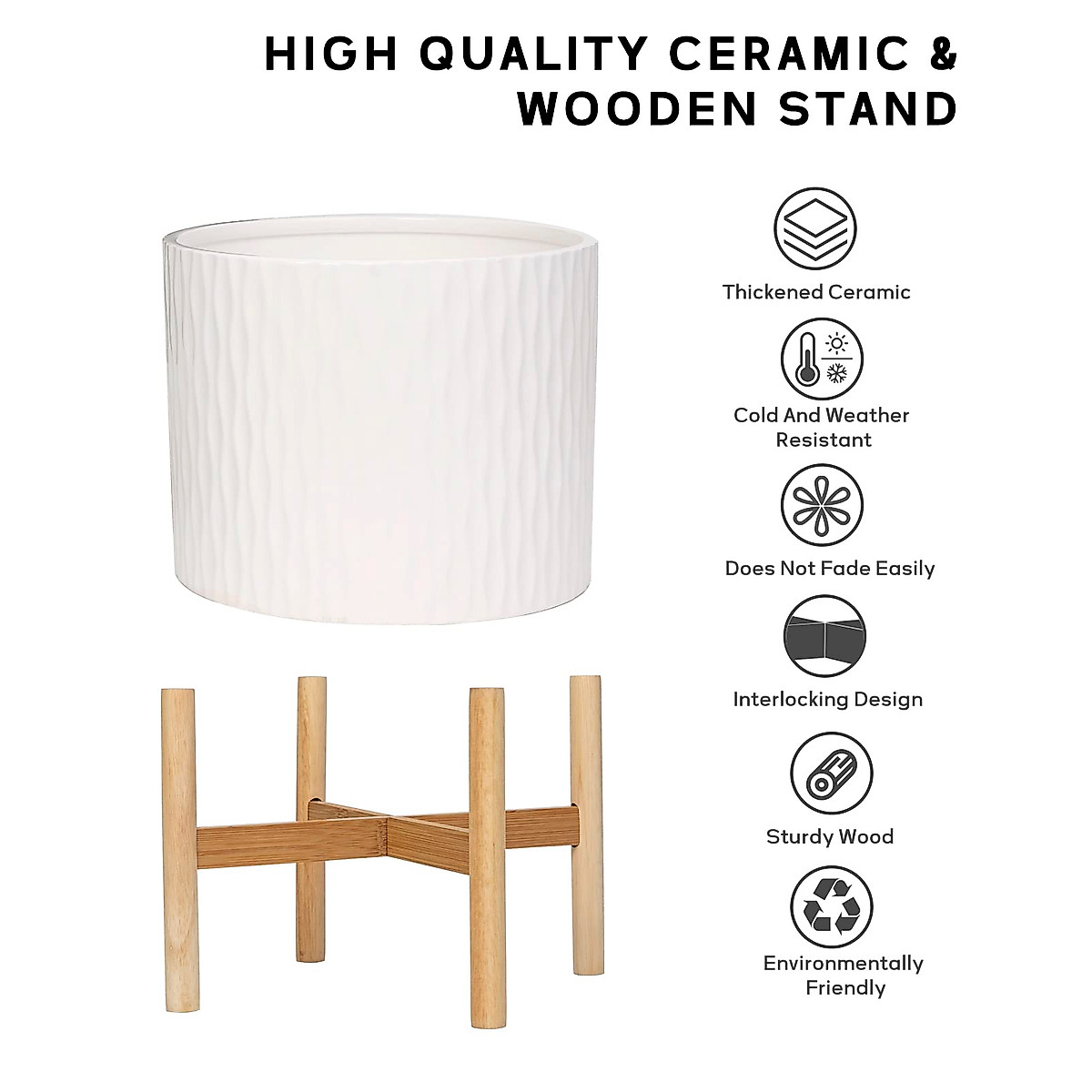 LaDoVita Ceramic Plant Pot with Stand, 8 Inch Planter with Wood Shelf, Modern Round Flower Pots Indoor with Wood Planter Holder, White Water Ripple Pattern