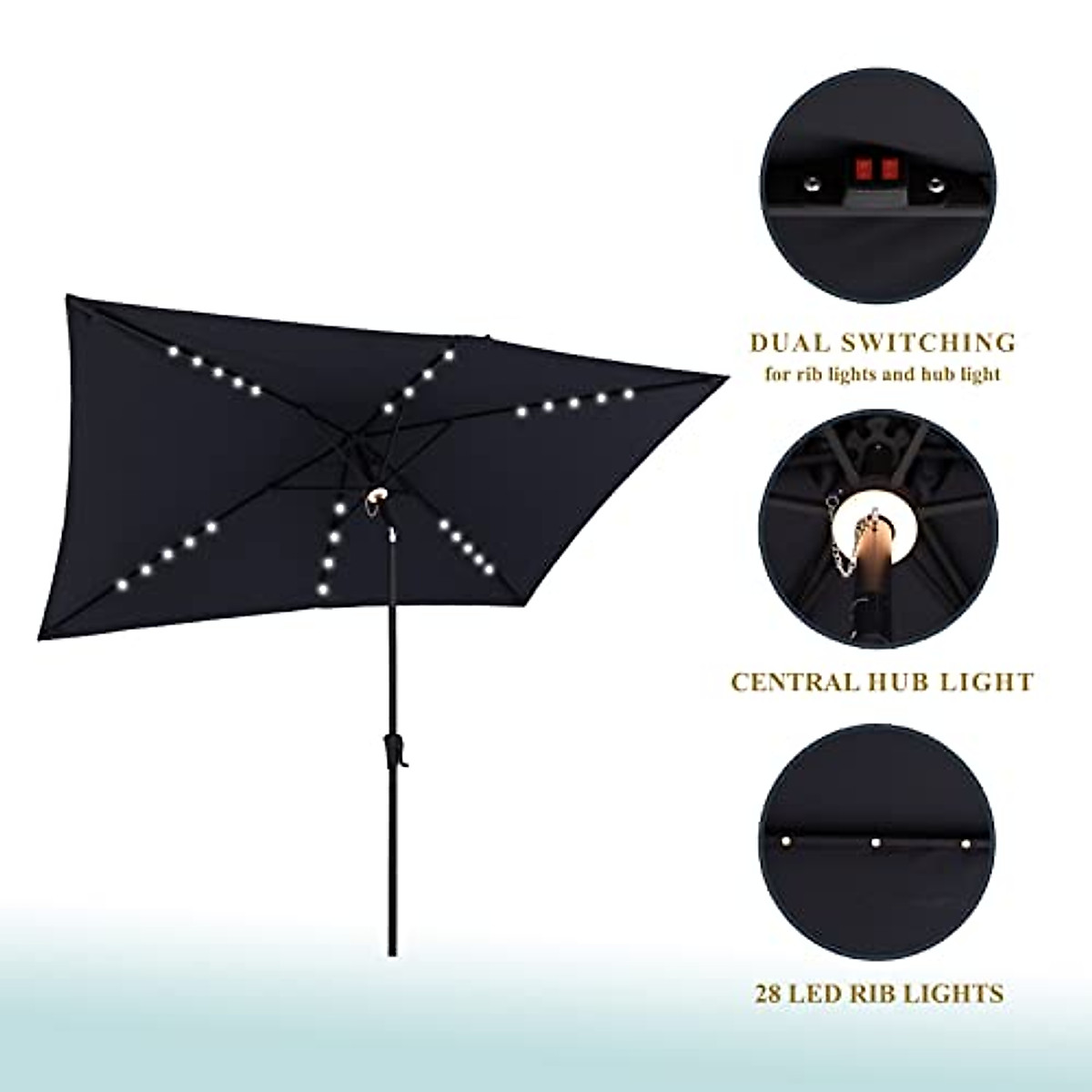 Jarka&Co 6.5 x 10 ft Rectangular Solar Powered Patio Market Table Umbrella Outdoor with LED Lights and Tilt, Black