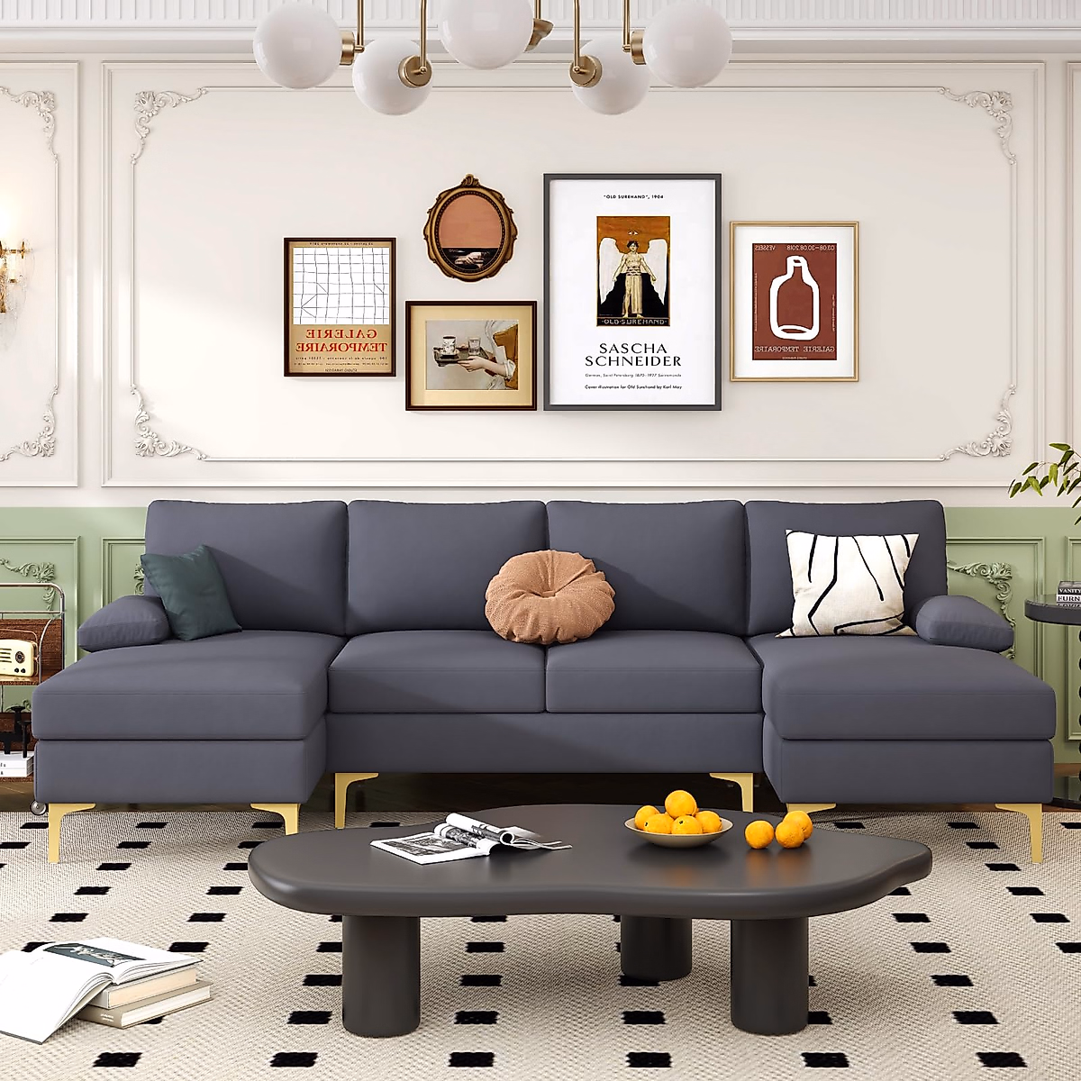 Lakifun Modular Sectional Sofa Couch for Living Room, U Shaped Convertible Lounge Sofa with Loveseat & Double Chaise, 4 Seater Comfy Fabric Couch Set for Home Office (Gray)