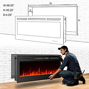 CharaVector Electric Fireplaces Recessed Wall Mounted Fireplace Insert 50 Inch Wide Heater LED Fire Place Remote Control & Touch Screen, 1-12 Hours Timer, 12 Color Flame and Log Color