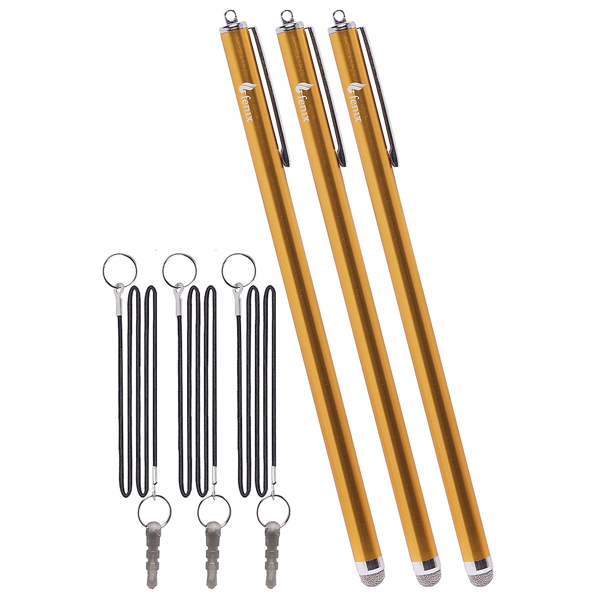 Fenix - Set of 3 Gold XXL Extra Long Stylus Pen [7.3"] Micro Knit Hybrid Fiber Tip Includes 15" Lanyard for iPhone 5,5c,6,6+, iPads, Samsung Galaxy S5,S6,Edge, Kindle Fire and Much More