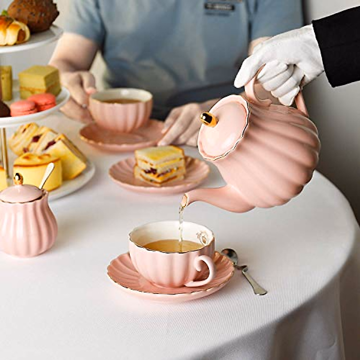 Amazingware Porcelain Tea Set - Tea Cup and Saucer Set Service for 6, with 28 oz Teapot Sugar Bowl Cream Pitcher Teaspoons and Tea Strainer - for Thanksgiving - Pumpkin Fluted Shape, Pink
